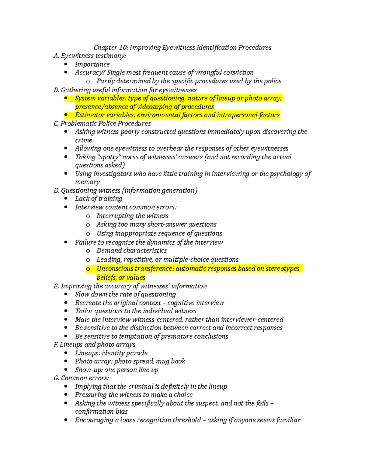 Chapter 10 - Lecture notes 10 - Chapter 10: Improving Eyewitness ...