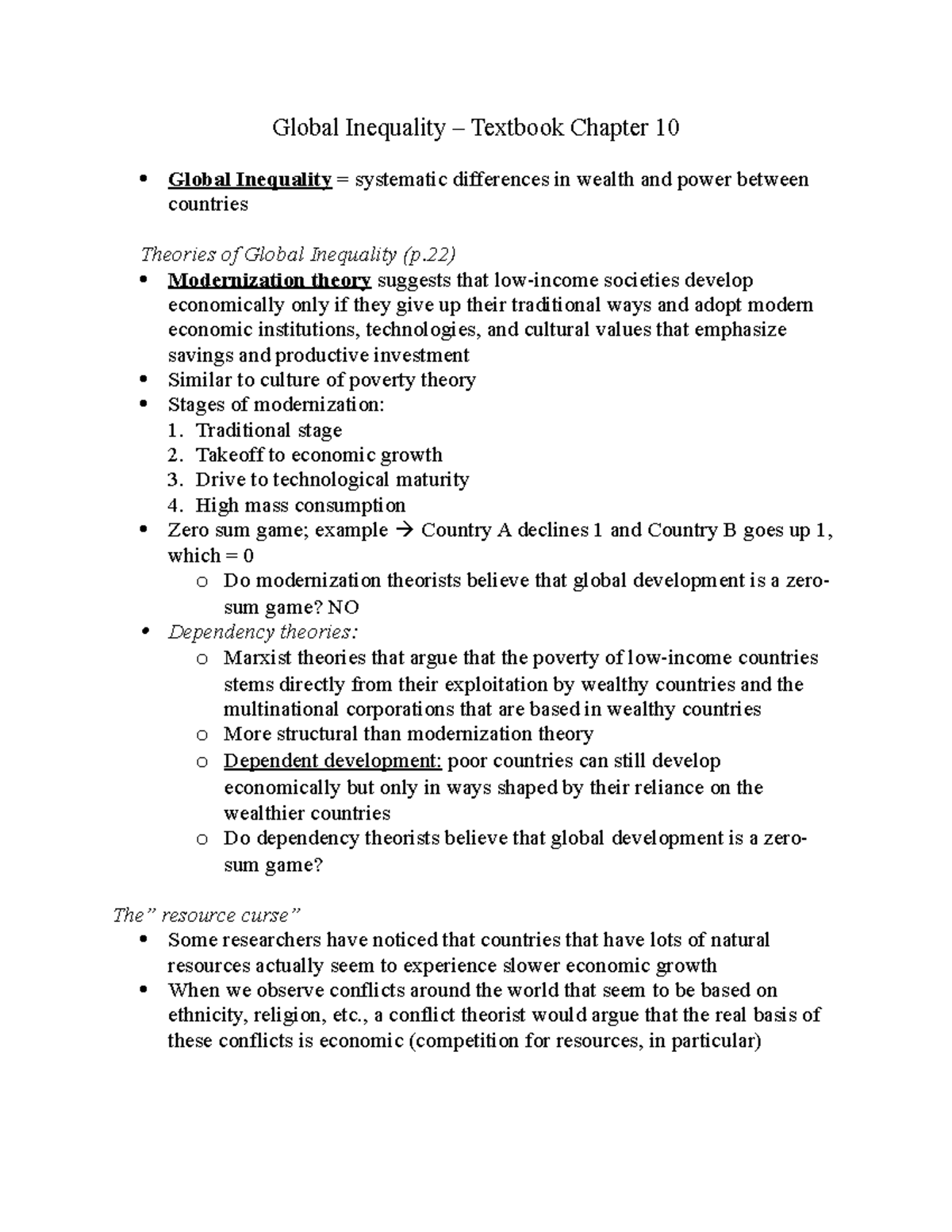 Week 12 Soci 101 Notes - Global Inequality - Global Inequality ...