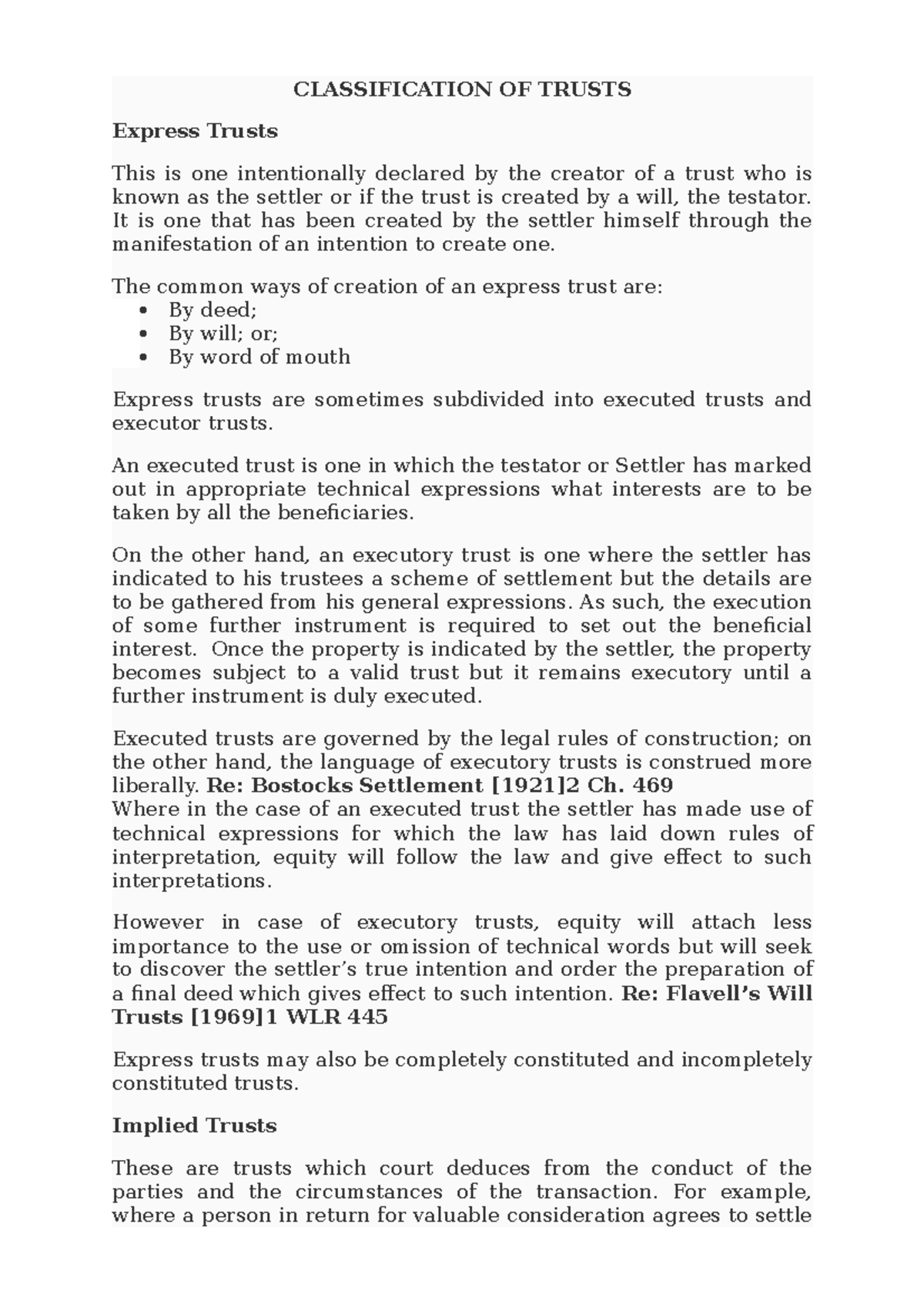 Classification OF Trusts - CLASSIFICATION OF TRUSTS Express Trusts This ...