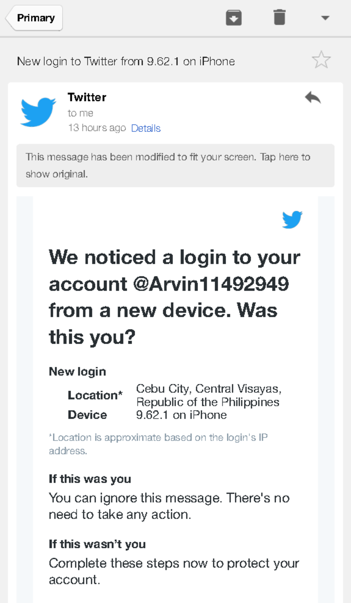 Gmail - Philippines history - New login to Twitter from 9.62 on iPhone ...