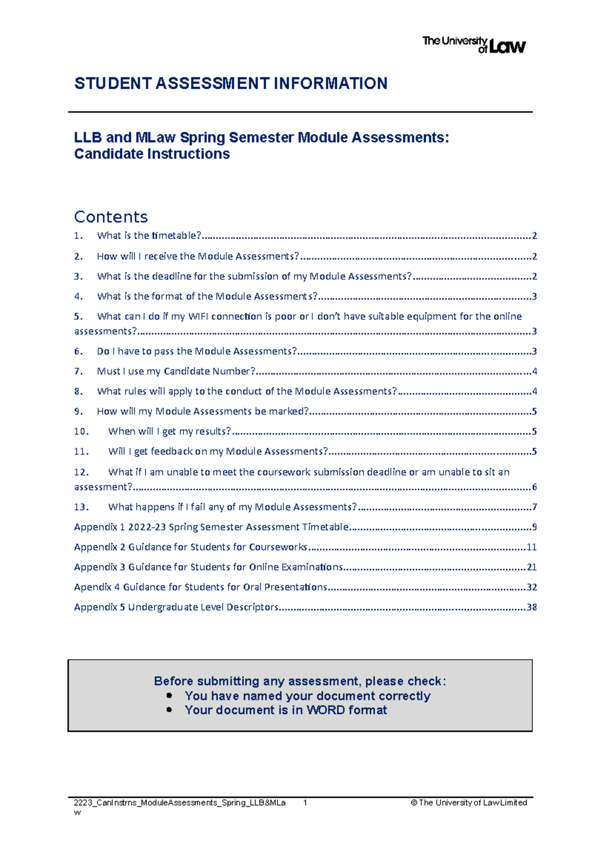 Assessment Timetable - STUDENT ASSESSMENT INFORMATION LLB and MLaw ...