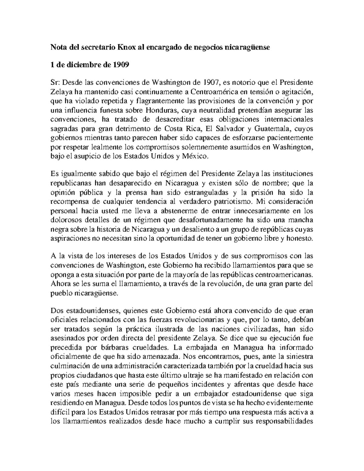 Nota del secretario Knox al encargado de negocios nicaragüense - Es ...