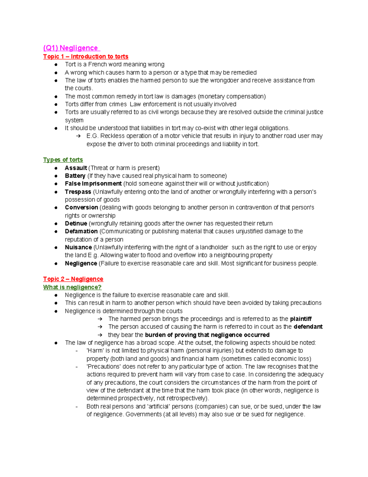 ELaw notes 1 - (Q1) Negligence Topic 1 – Introduction to torts Tort is ...