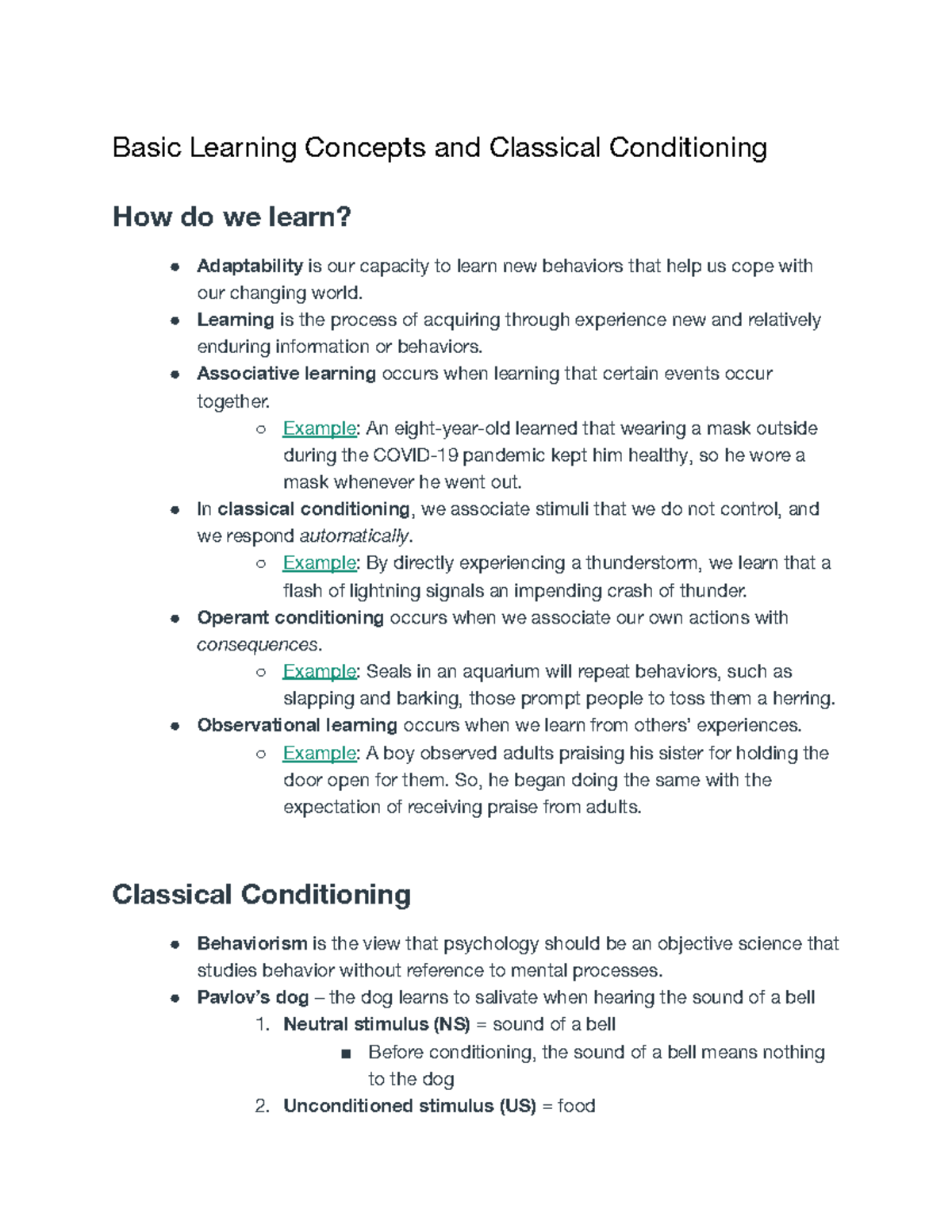 Basic Learning Concepts and Classical Conditioning - Learning is the process of acquiring ...