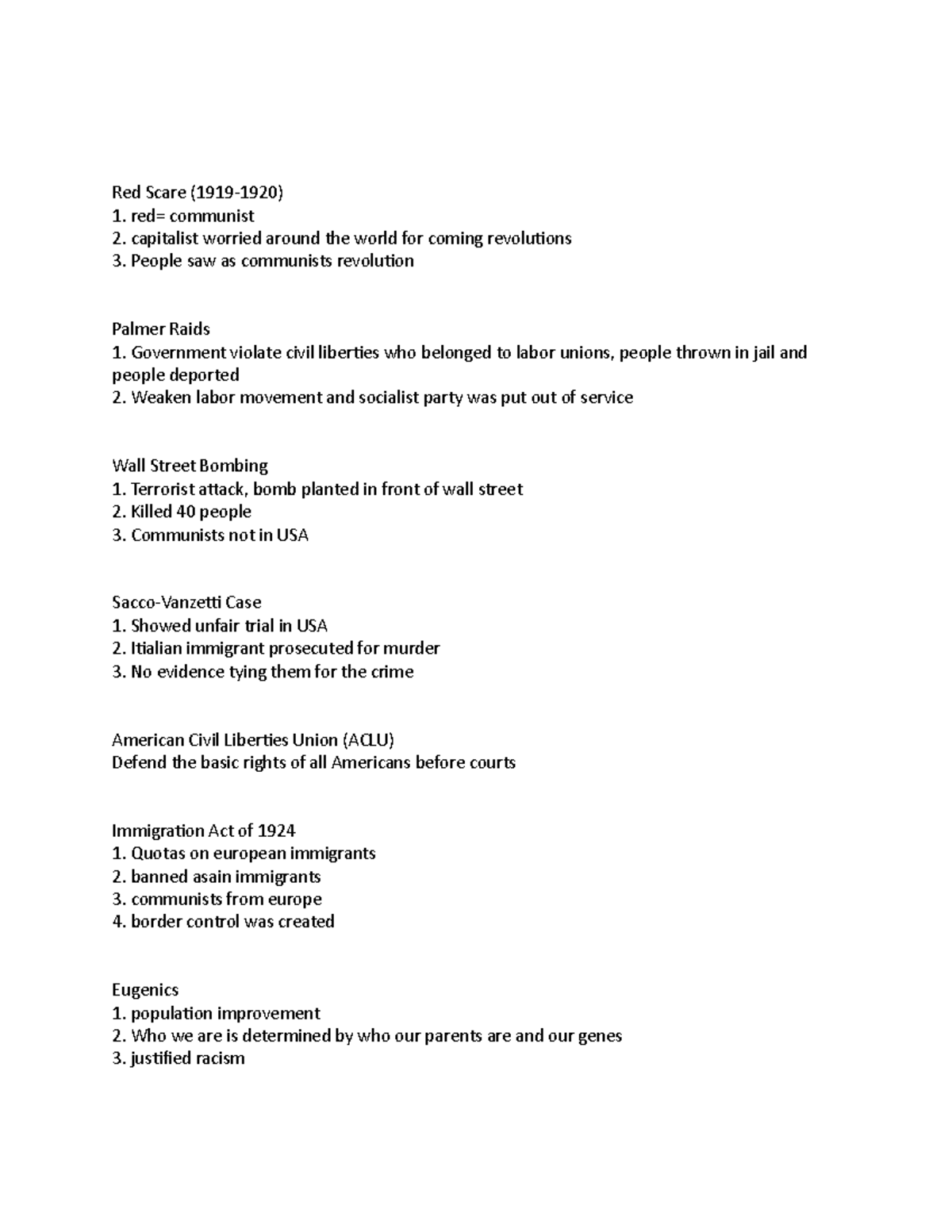 2202 exam 2 notes - Red Scare (1919-1920) red= communist capitalist ...