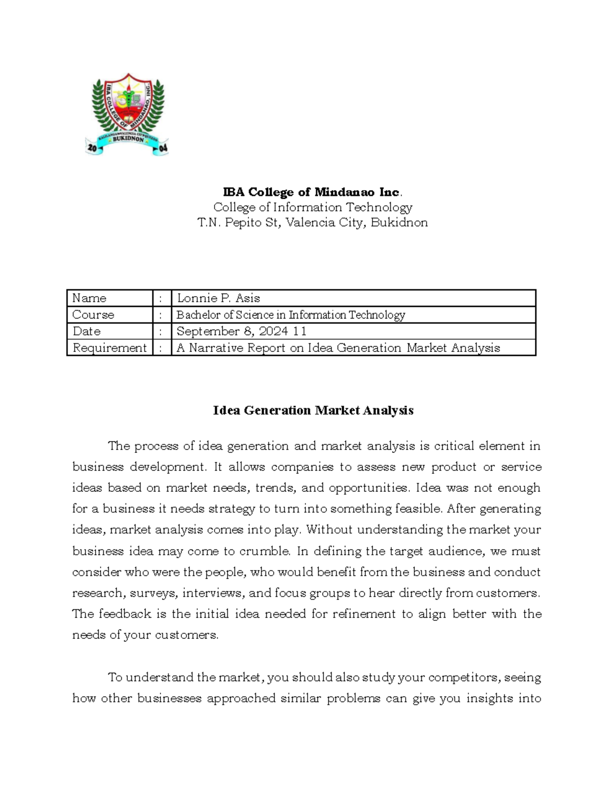 PROF ELEC1 - Narrative Report - IBA College of Mindanao Inc. College of ...