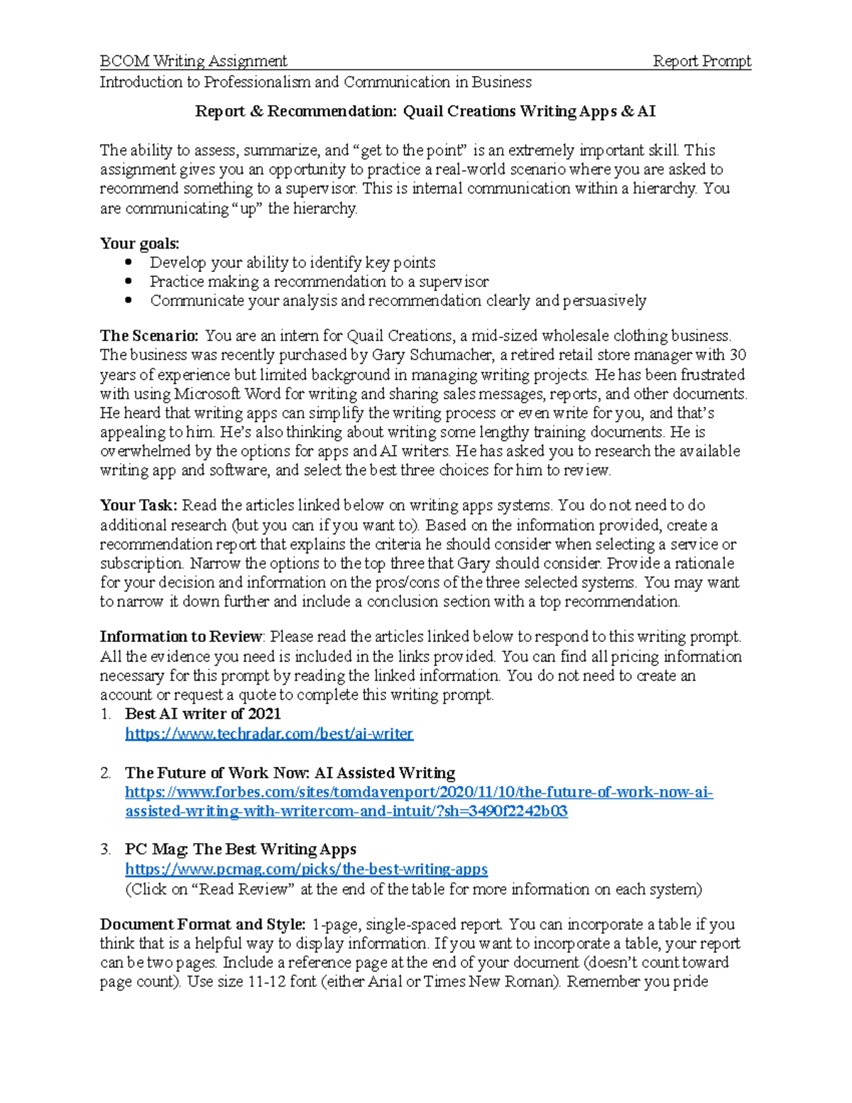Assignment Report Recommendation Assignment (2) - BCOM Writing ...