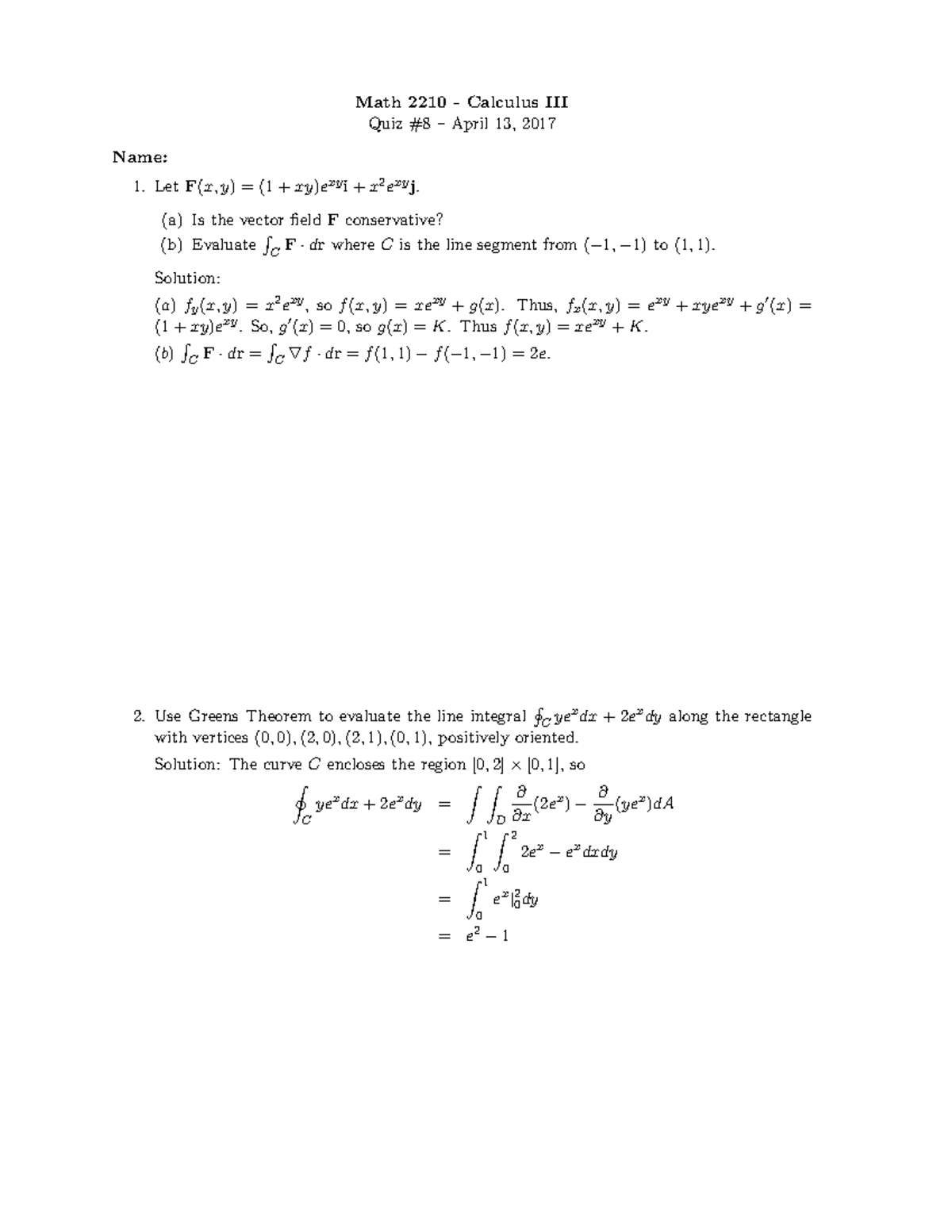 2210 04 Sp17 Quiz 8 - Calculus 2 - Quiz Week 8 - Math 2210 - Calculus ...
