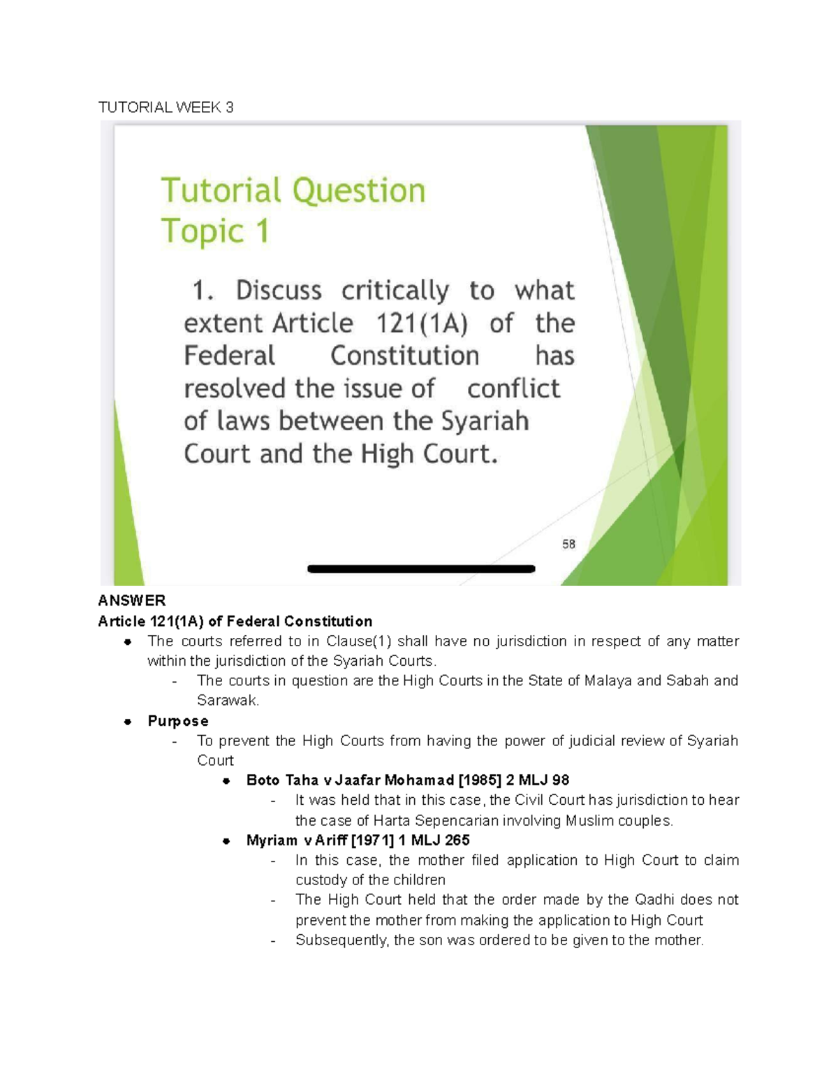 LAW605%20 Tutorial - for reference only - TUTORIAL WEEK 3 ANSWER Article 121 ( 1 A) of Federal ...