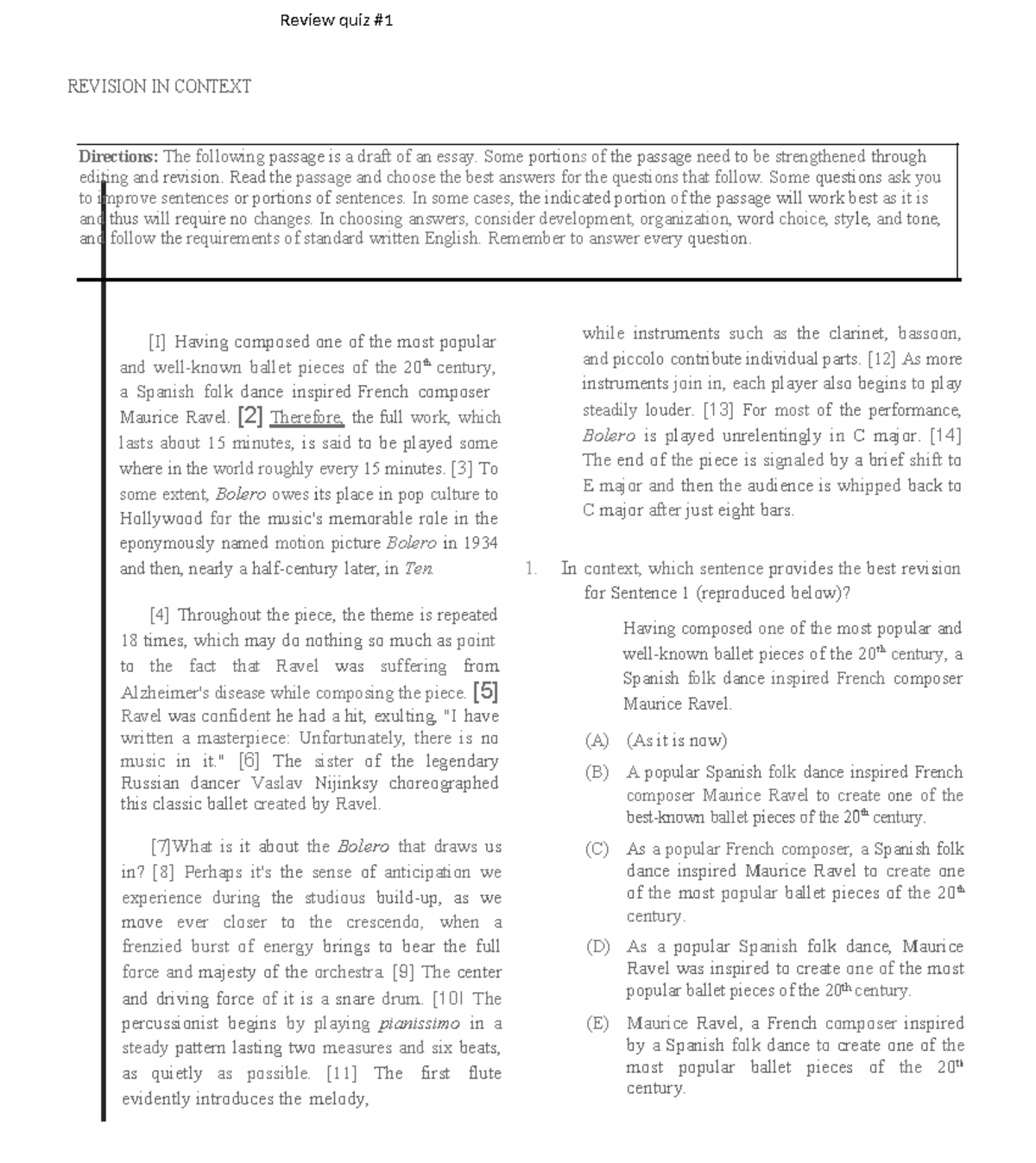 #1 Revision in Context - Summary BenQ GW2480 - Directions: The following passage is a draft of ...