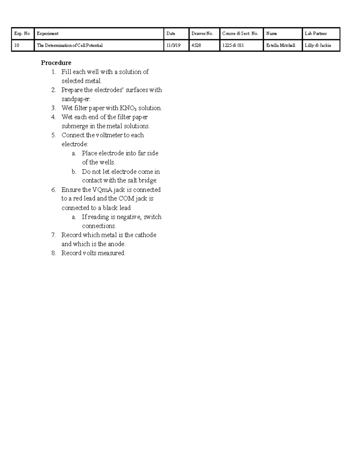 Procedure exp. 10 - Exp. No Experiment Date Drawer No. Course & Sect ...
