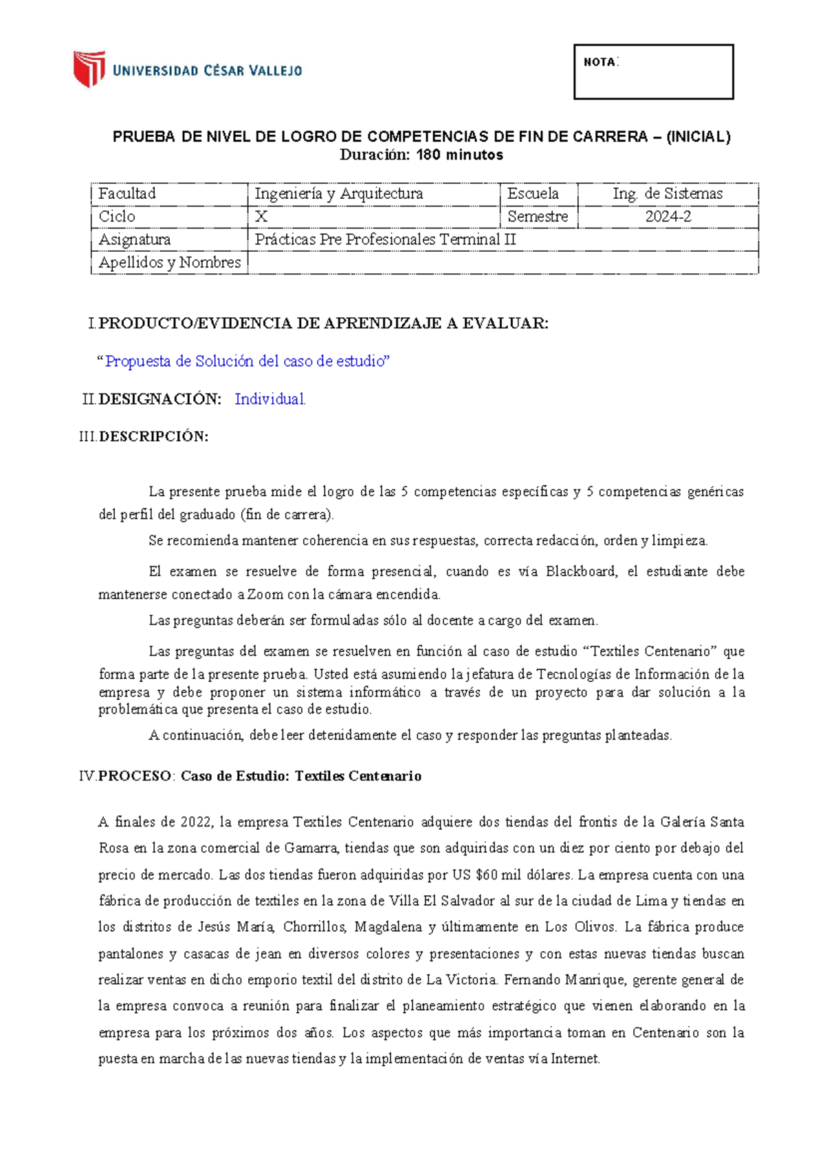 Examen PLC IV Nivel 2024-2 10mo Plan D (Entrada) - PRUEBA DE NIVEL DE LOGRO DE COMPETENCIAS DE ...