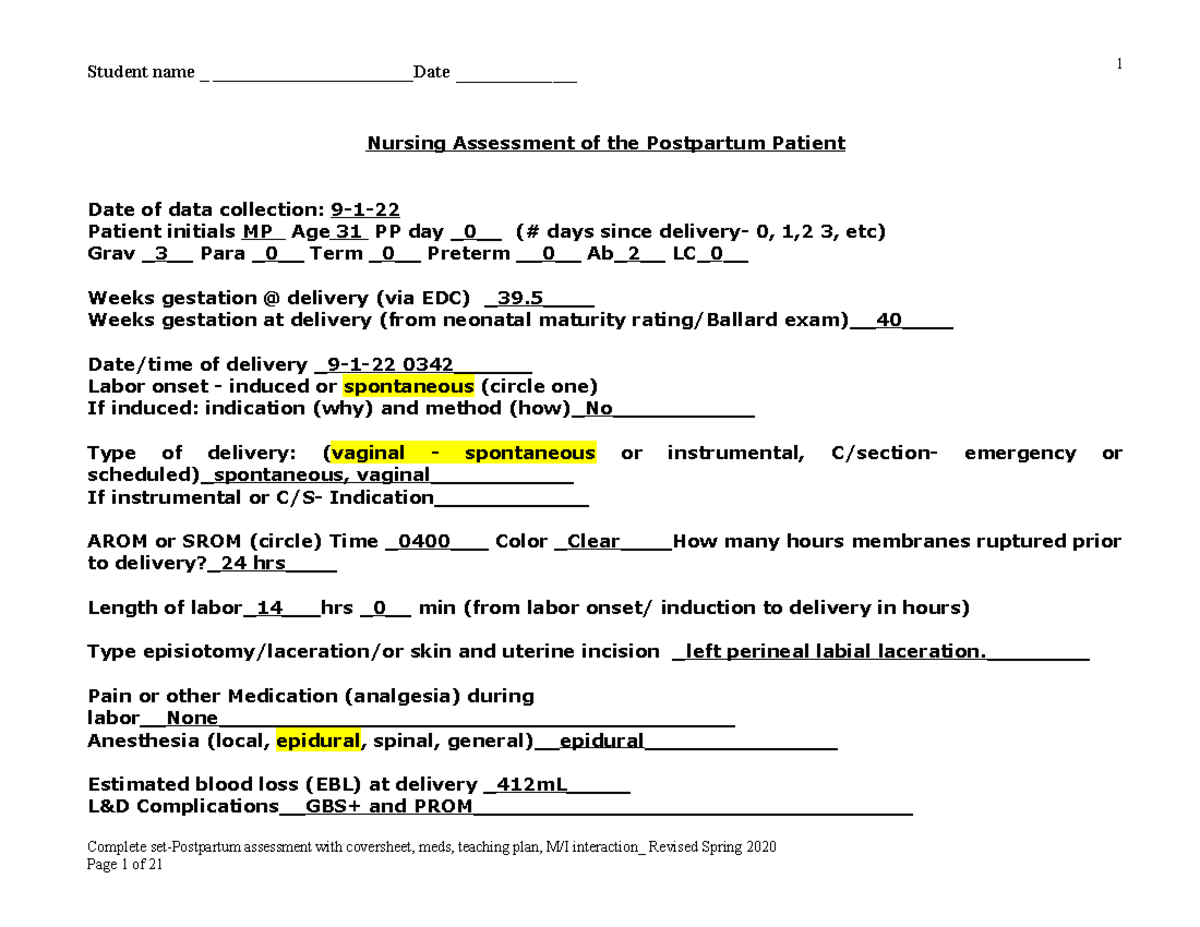 Postpartum Assessment - Student name _ ______________________Date ...