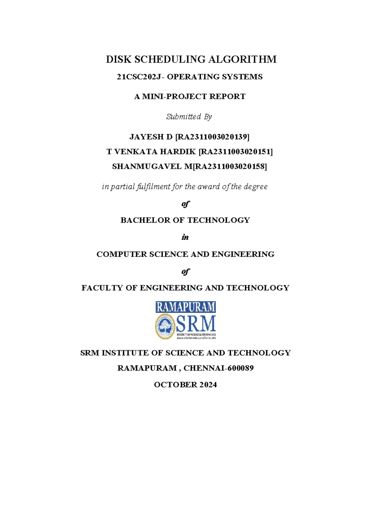 Disck Scheduling Algorithm Os Disk Scheduling Algorithm 21csc202j
