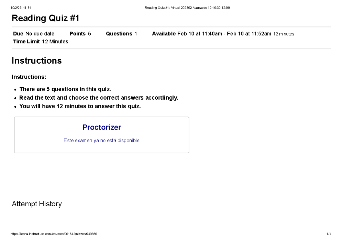 Reading Quiz #1 Avanzado 12 10 30-12 00 - Reading Quiz Due No due date ...