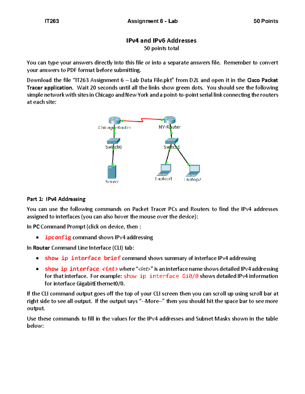 IT263 Assignment 6 - Lab v1 - IPv4 and IPv6 Addresses 50 points total You can type your answers ...