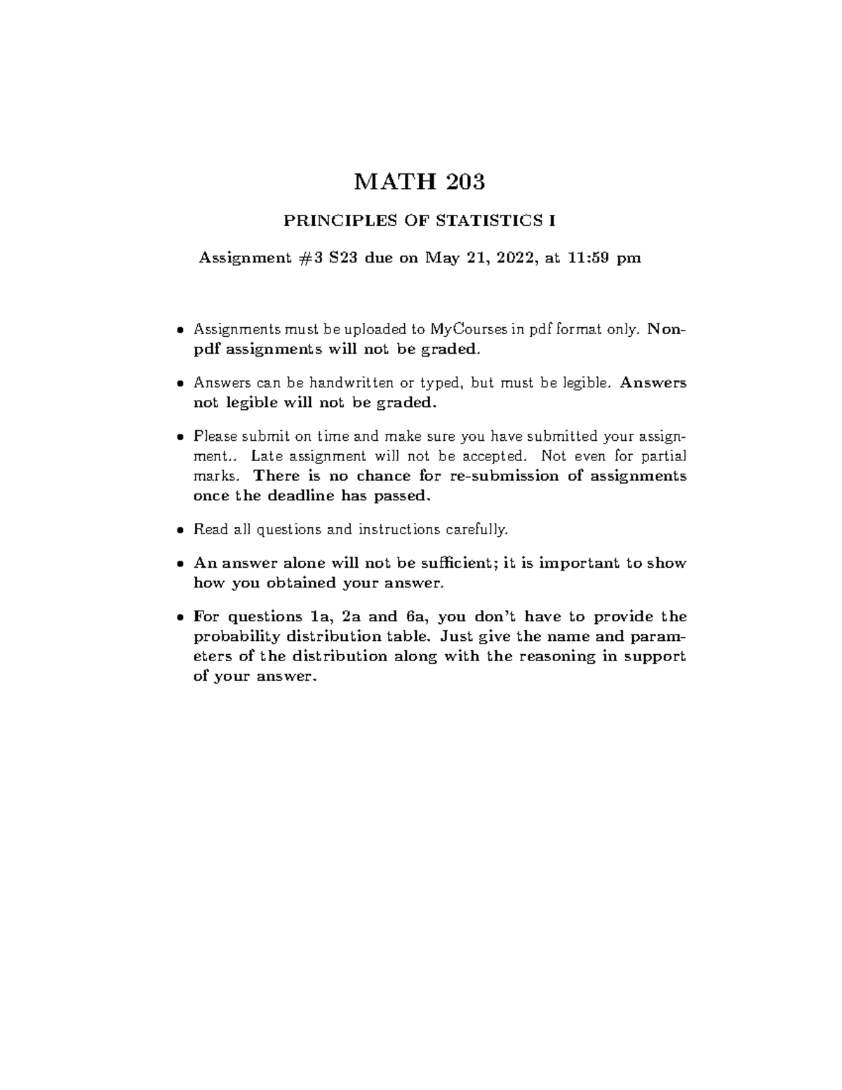 Math 203 Assignment 3 S23 - MATH 203 PRINCIPLES OF STATISTICS I ...