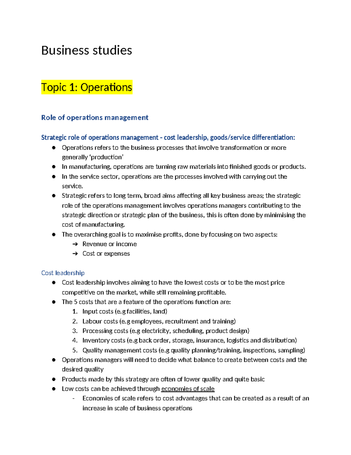 Business studies trial summary notes - Business studies Topic 1 ...