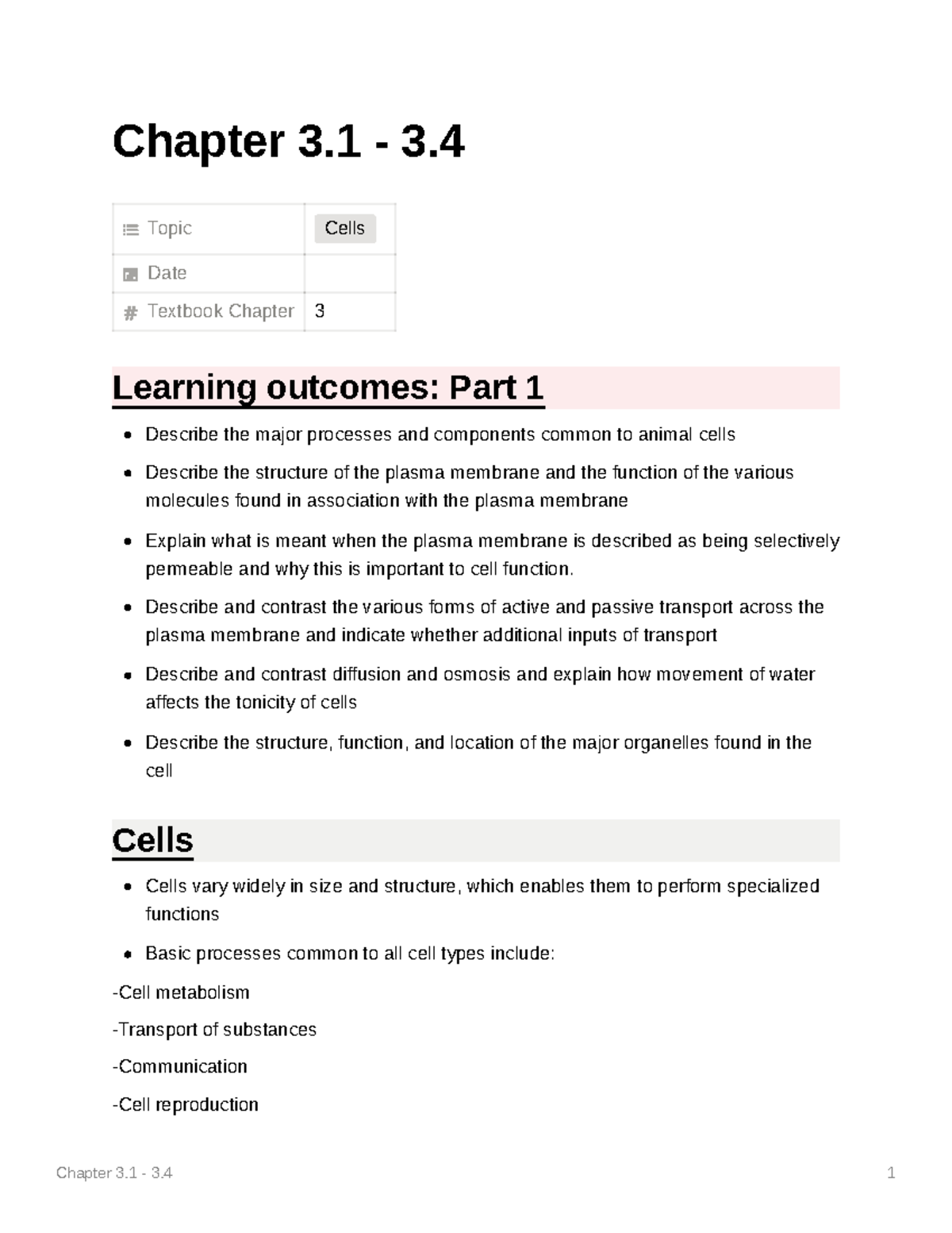 Chapter 3 - Topic: Cells - Topic Cells Date Textbook Chapter 3 Learning ...