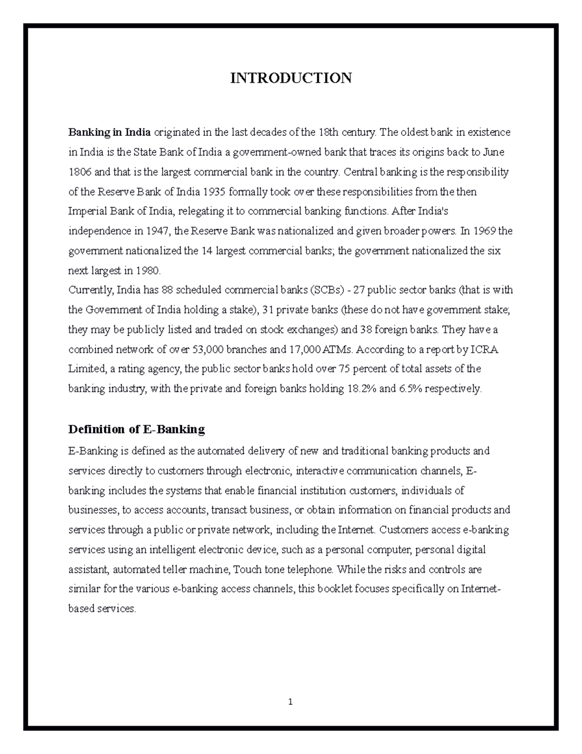 Role Of Internet Banking - INTRODUCTION Banking in India originated in ...