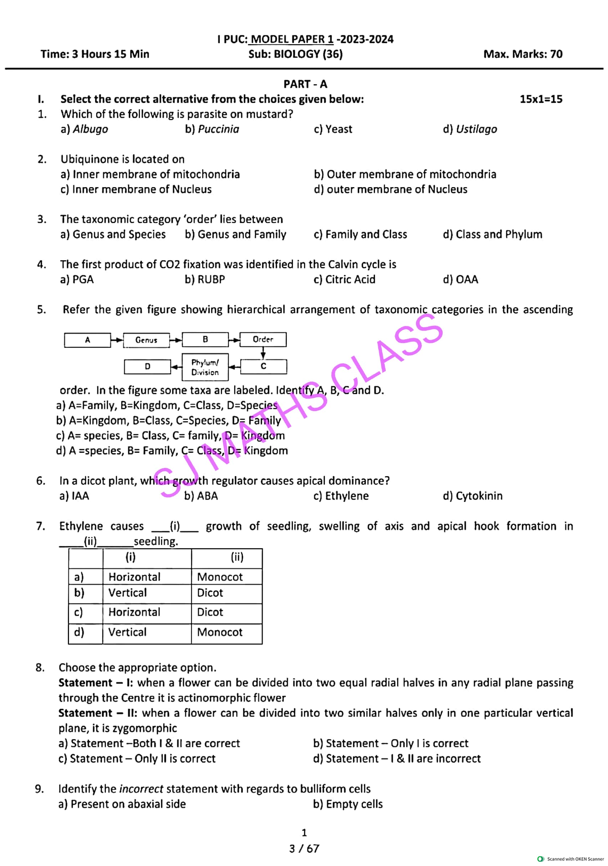 1st pu Bio model question paper and solutions - I PUC: MODEL PAPER 1 ...