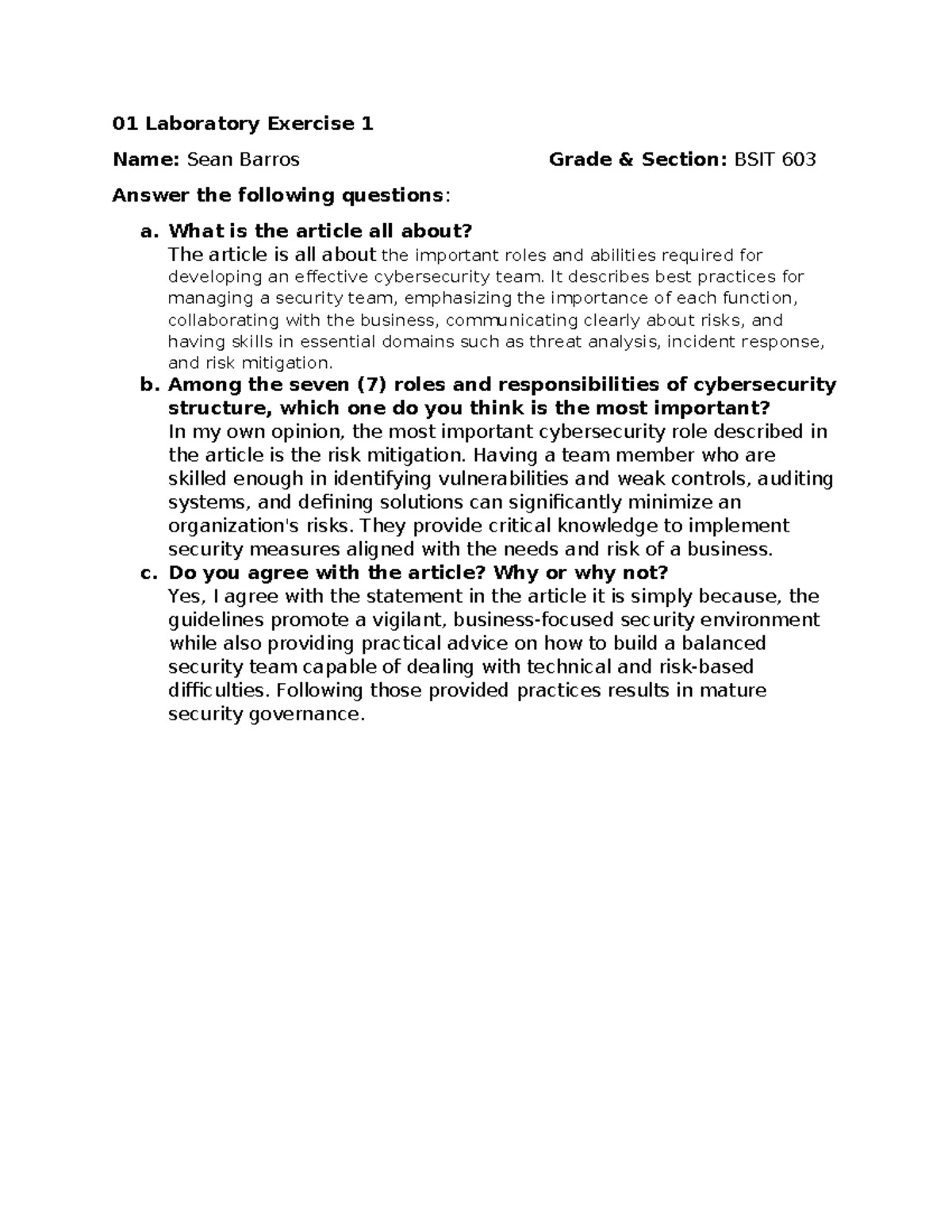 01 Laboratory Exercise 1 - 01 Laboratory Exercise 1 Name: Sean Barros ...