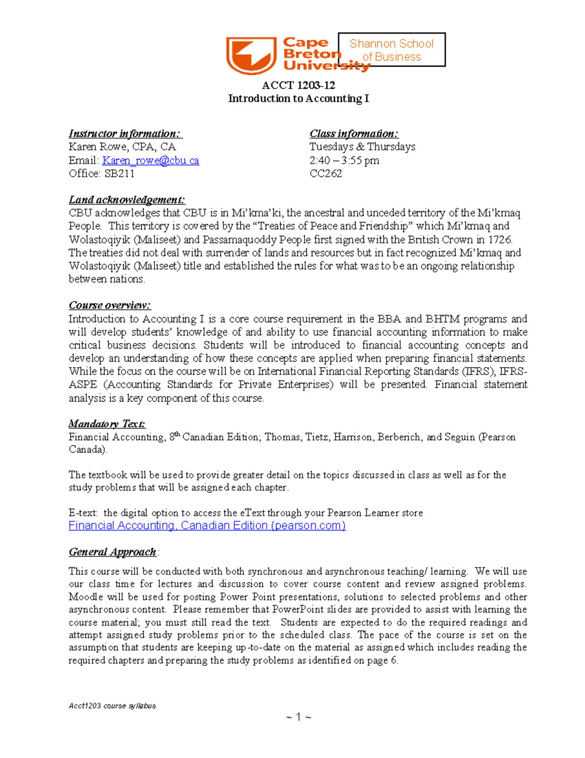 Course outline Acct1203 section 12 - Shannon School of Business ACCT ...