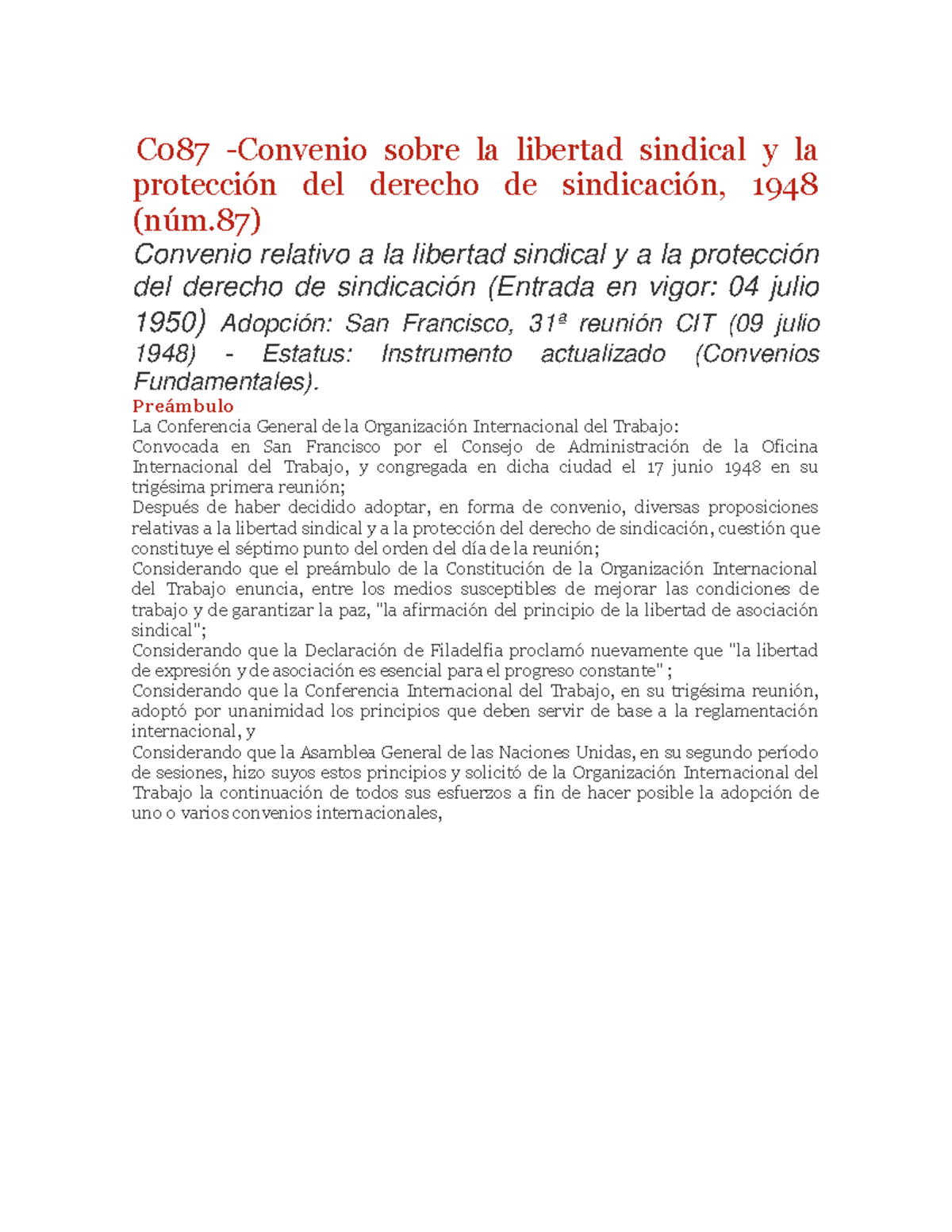 Convenio 87 de la OIT - CONVENI DE TRABAJADORES - C087 -Convenio sobre la libertad sindical y la ...