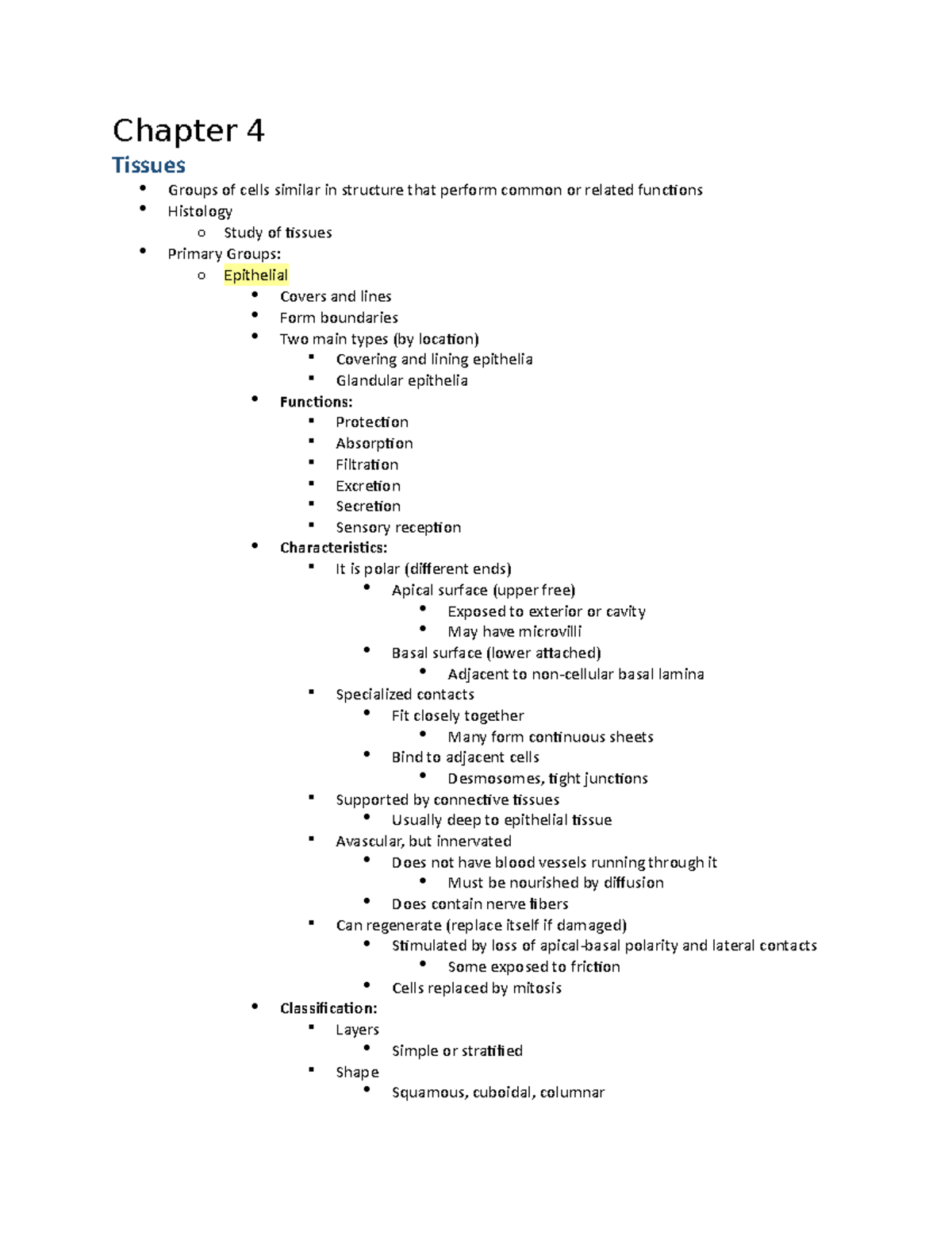 Chapter 4 Bio 208 - Tissues - Chapter 4 Tissues Groups of cells similar ...