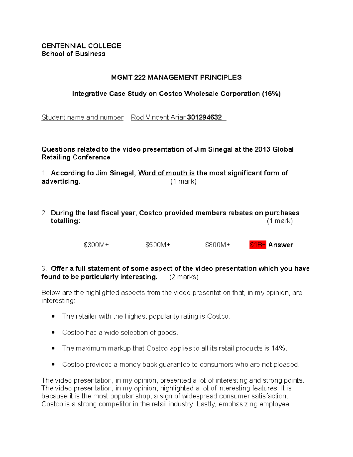 MGMT 222 Integrative Case Study - CENTENNIAL COLLEGE School of Business ...