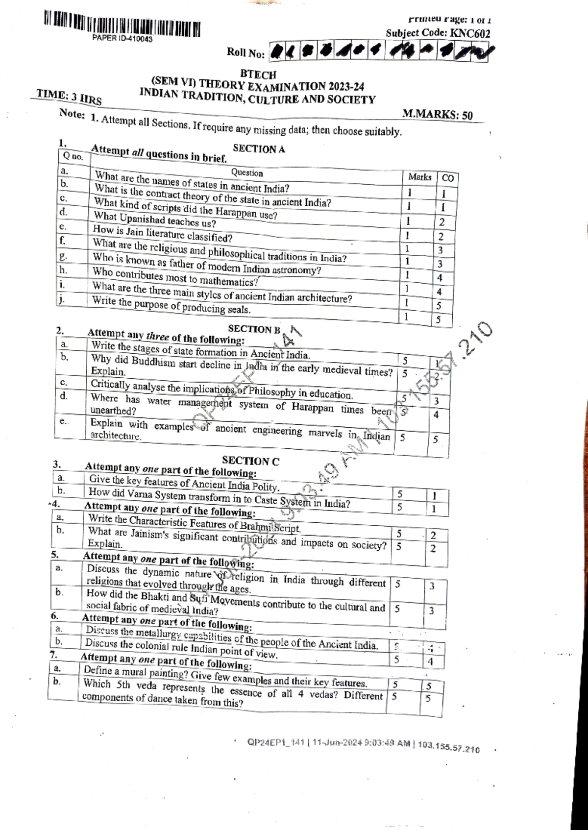 Indian Traditional and Culture AKTU - TIME:3 IIRS 4. 3. 5. 1. 6 2 a. C ...