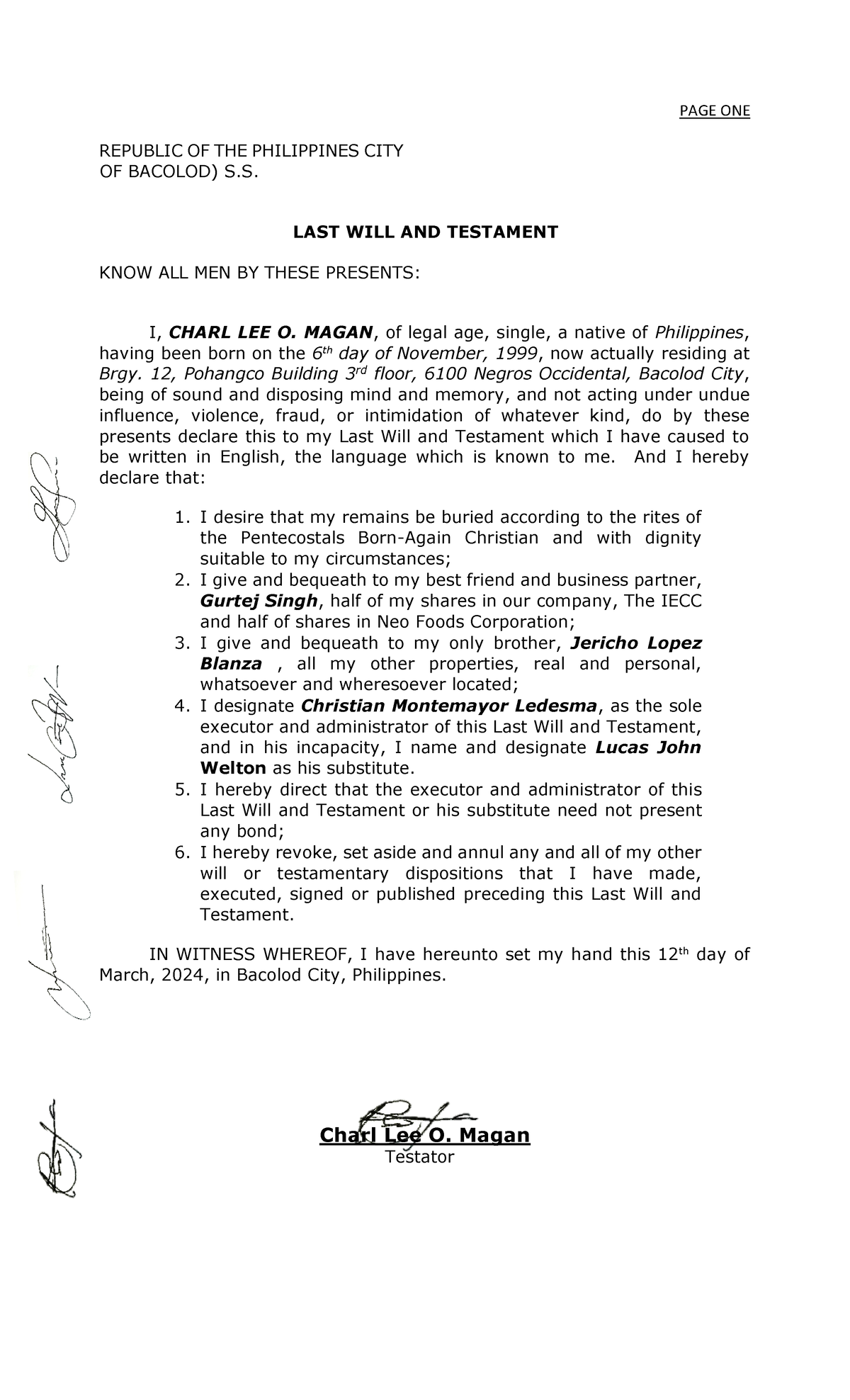 Magan Charl Lee Notarial Will 2024 Succession L23 - PAGE ONE REPUBLIC ...