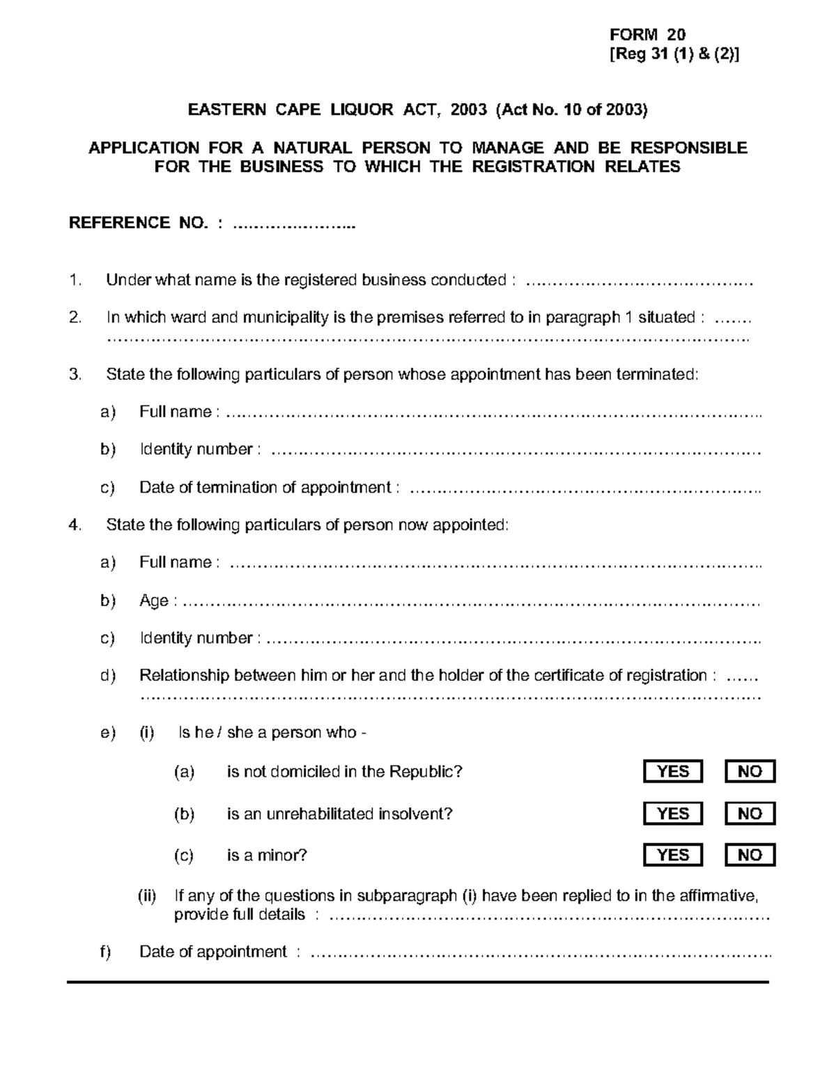 FORM 20 Amended updated 2017 - FORM 20 [Reg 31 (1) & (2)] EASTERN CAPE ...