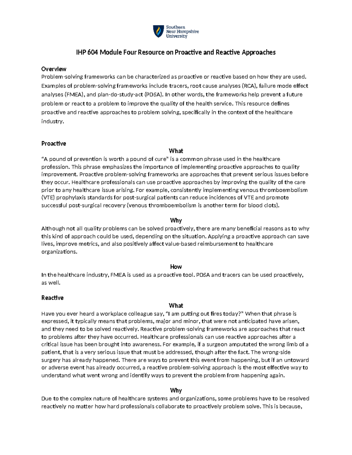IHP 604 Module Four Resource on Proactive and Reactive Approaches ...