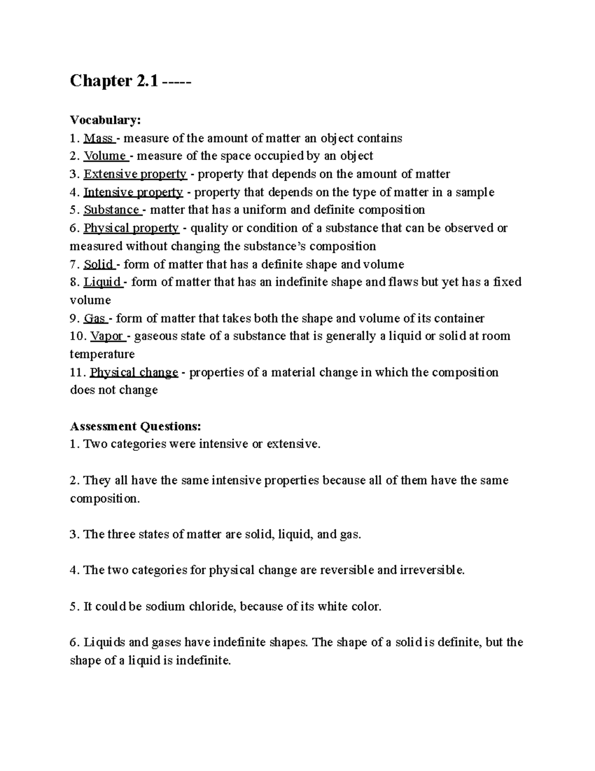 Chemistry 2 - Chapter 2 - Vocabulary: Mass - measure of the amount of ...