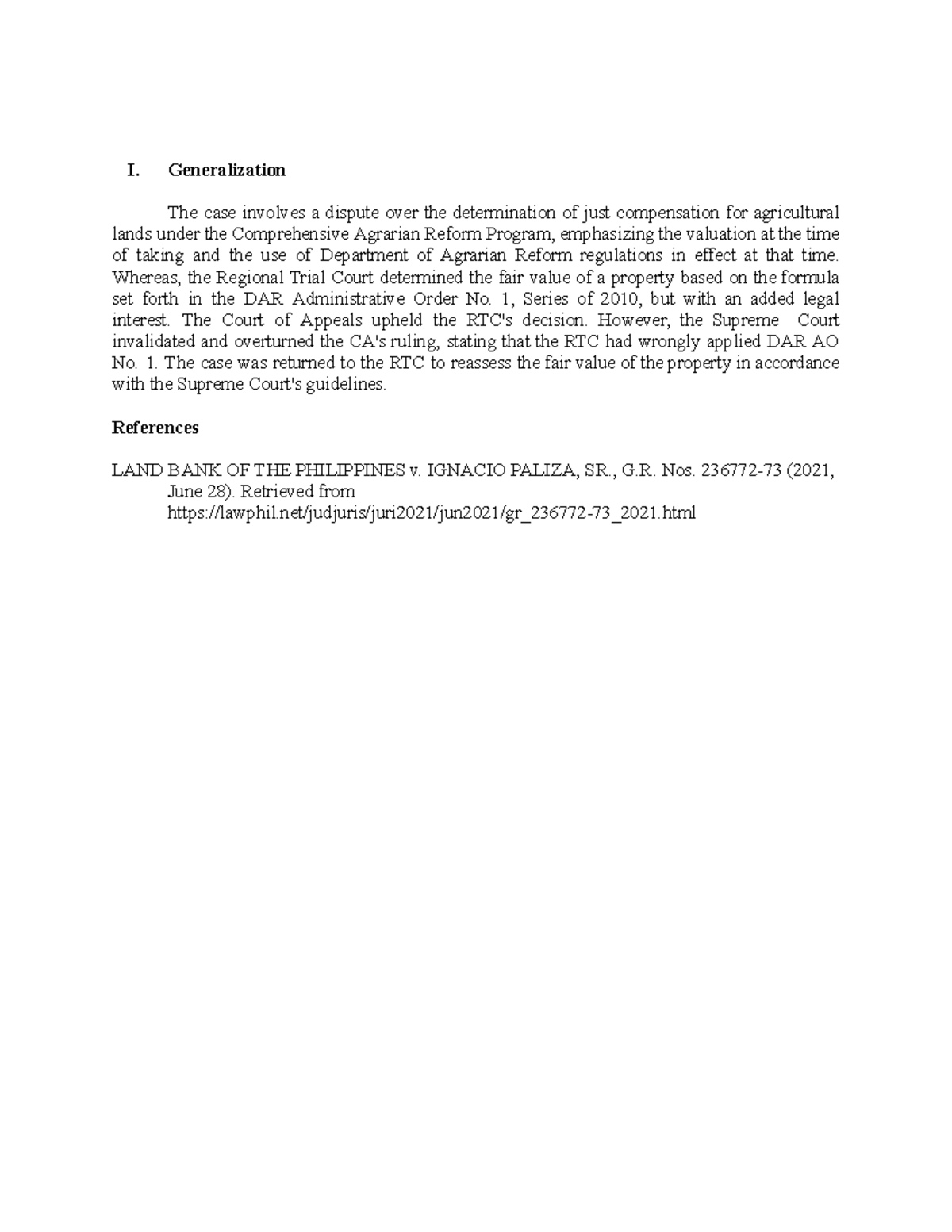 Albay Agrarian Case - KJLKSJKD - I. Generalization The case involves a ...