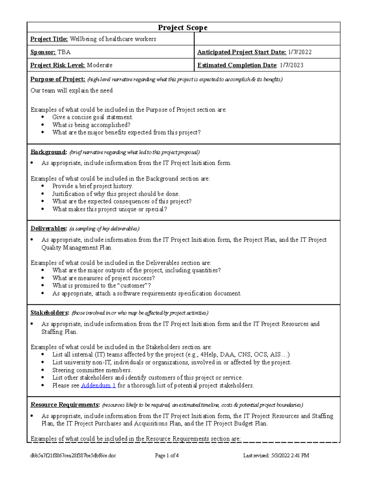 Project Scope - Project Scope Project Title: Wellbeing of healthcare ...