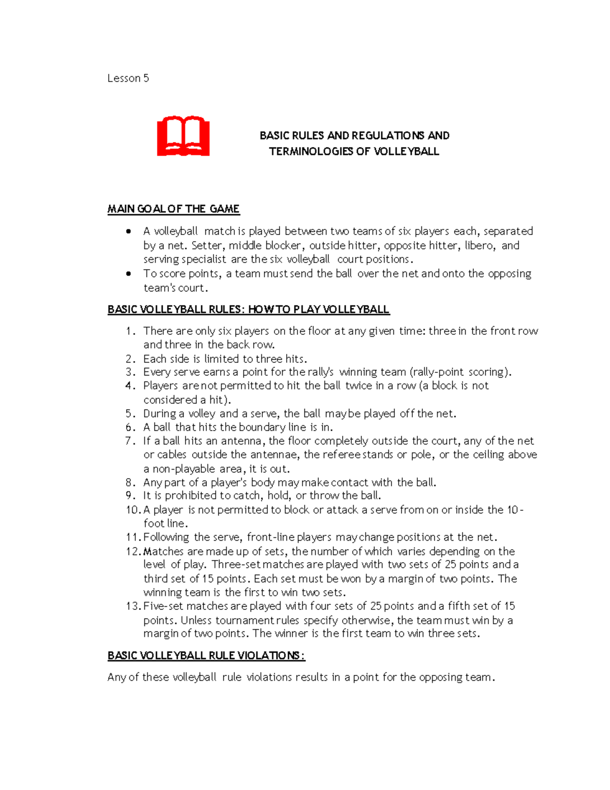 Basic Rules AND Regulations AND Terminologies - Lesson 5 MAIN GOAL OF ...