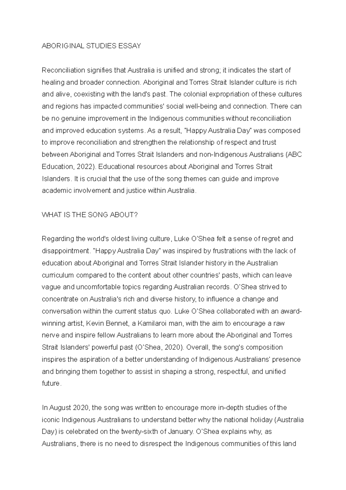 Aboriginal Studies Essay - ABORIGINAL STUDIES ESSAY Reconciliation ...