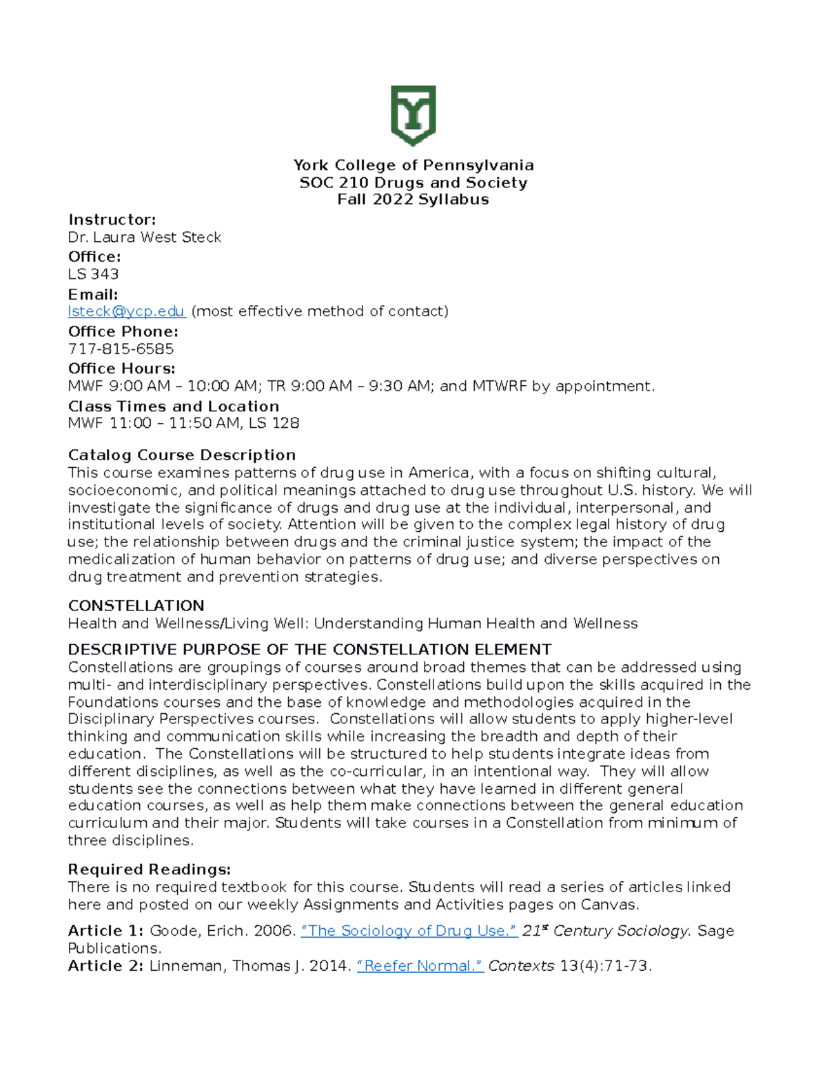 SOC 210 Drugs and Society Syllabus - York College of Pennsylvania SOC ...