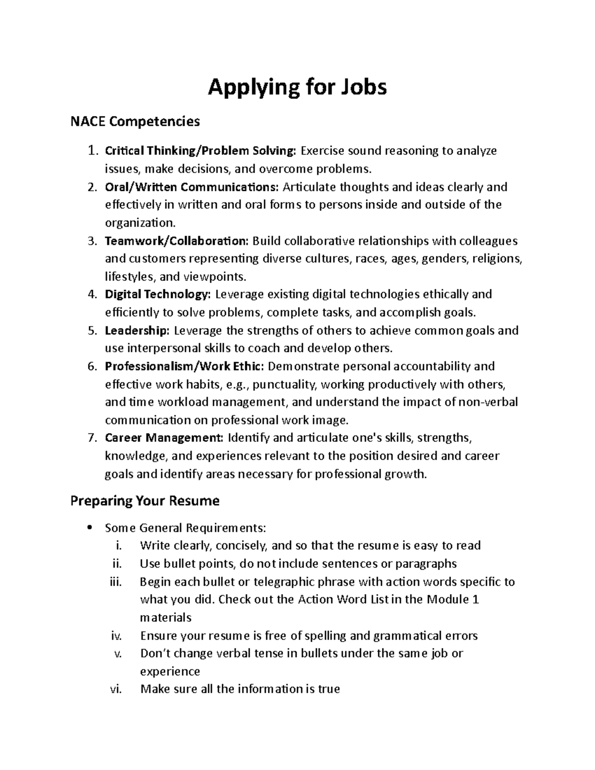 PSY3074 Unit 1 Applying for jobs - Applying for Jobs NACE Competencies ...