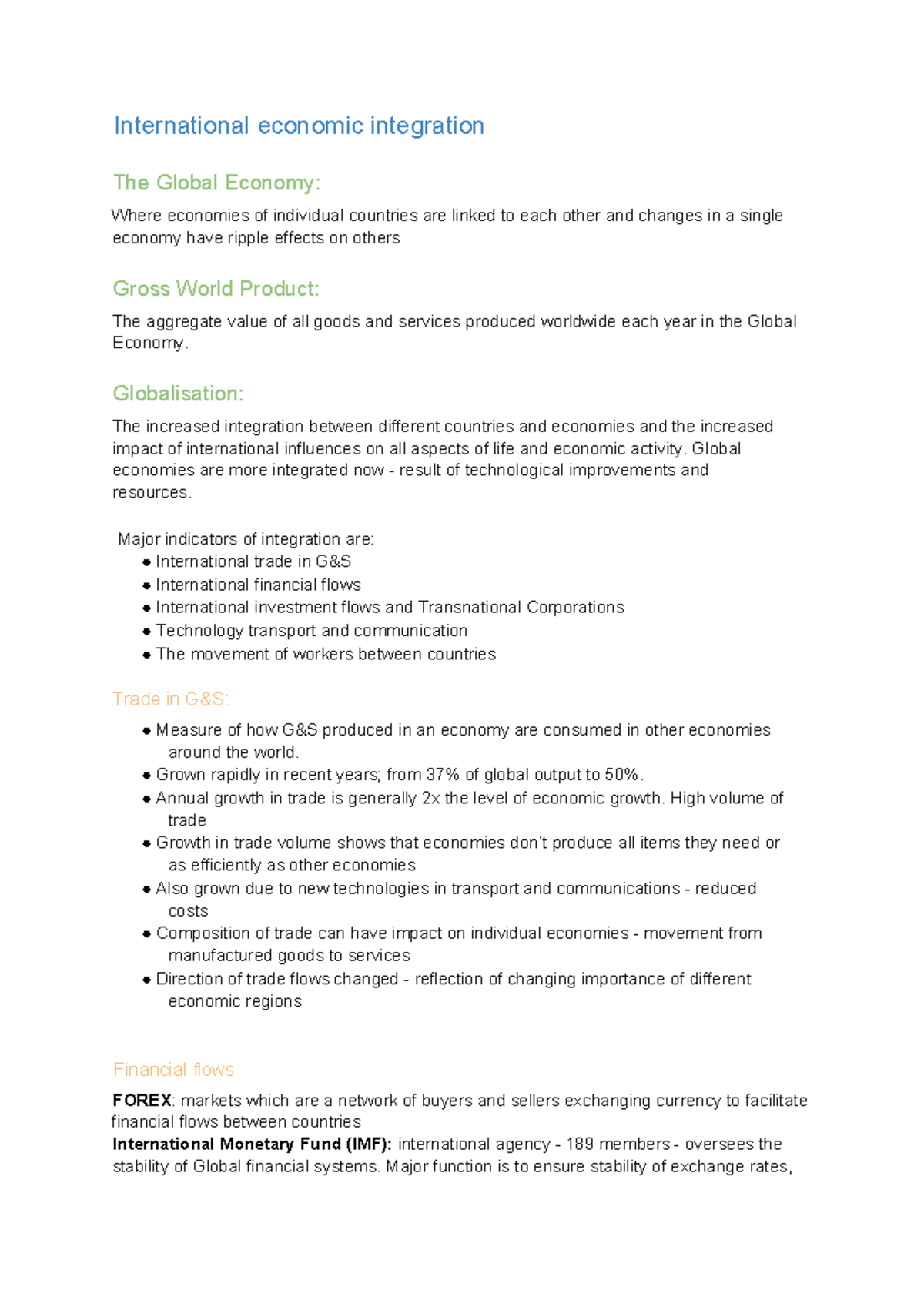 Economics Topic 1 Flood Summary - International economic integration ...