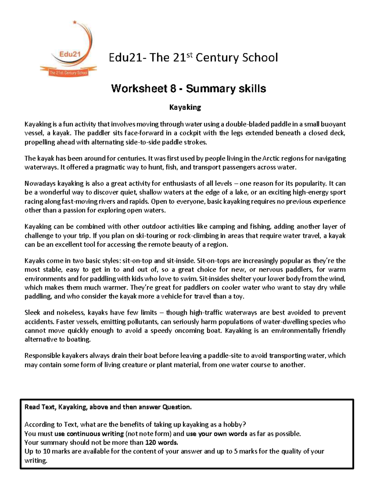 Summary Skills Worksheet 8 Kayaking - Edu21- The 21 st Century School ...
