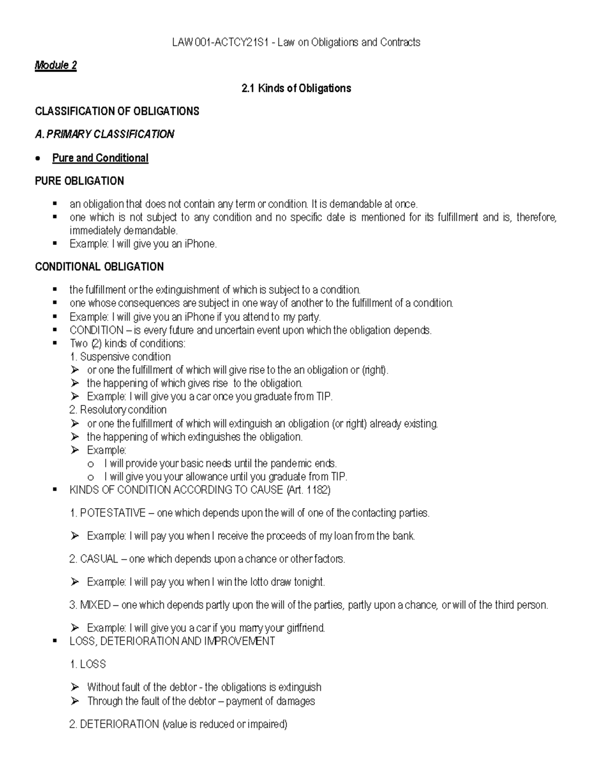 LAW 001 Module 2 - mkpounjvyt - LAW 001-ACTCY21S1 - Law on Obligations ...