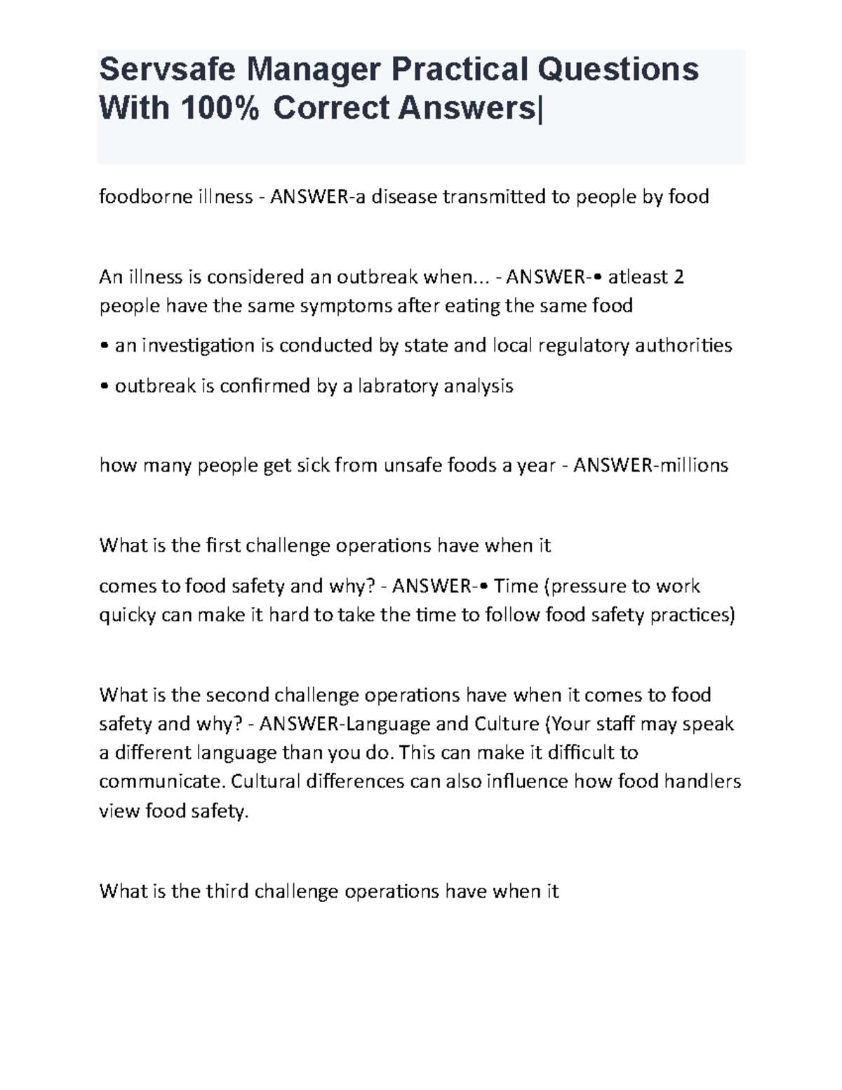 Servsafe Manager - With 100% Correct Answers| foodborne illness ...