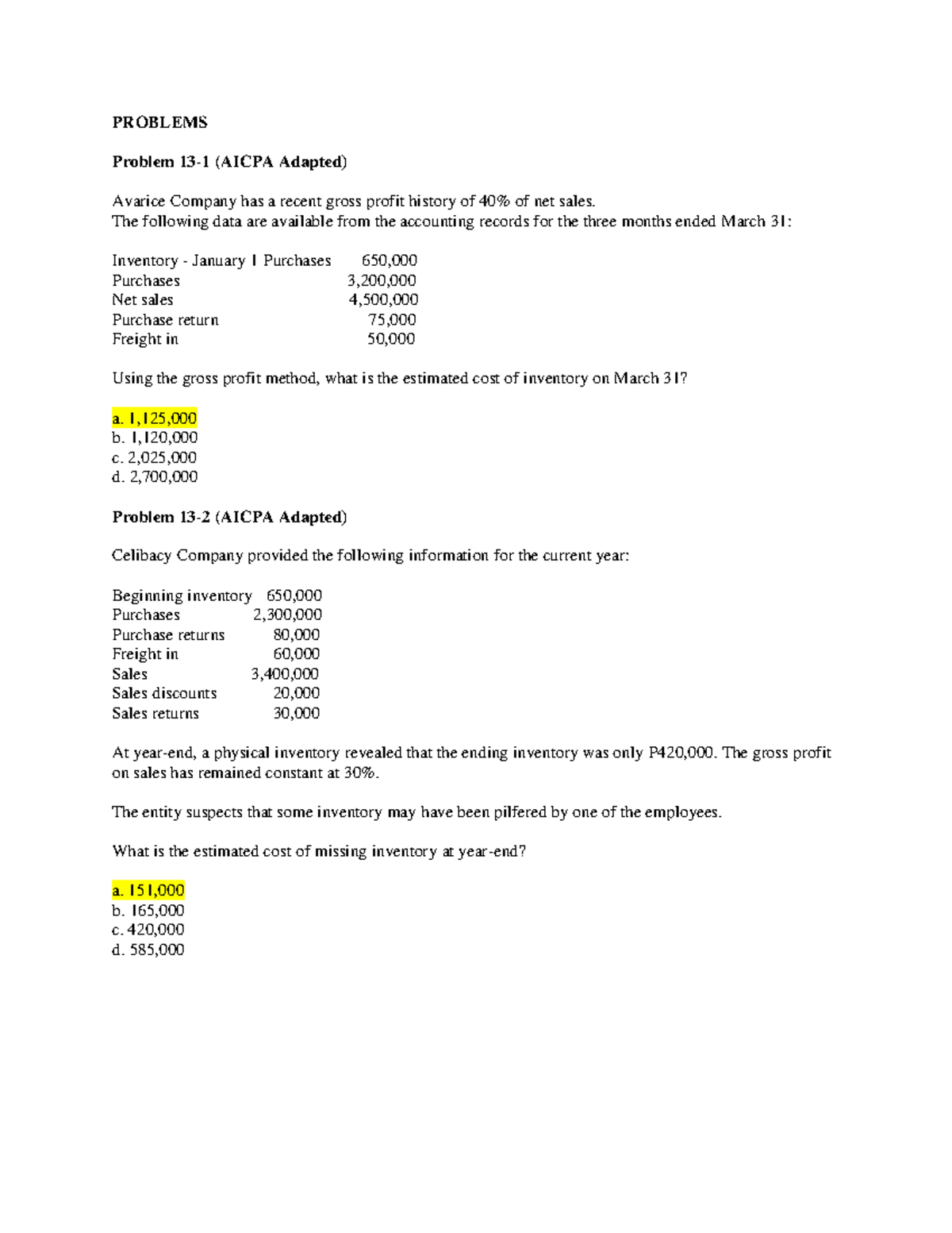 Problems Gross Profit Method - PROBLEMS Problem (AICPA Adapted) Avarice ...