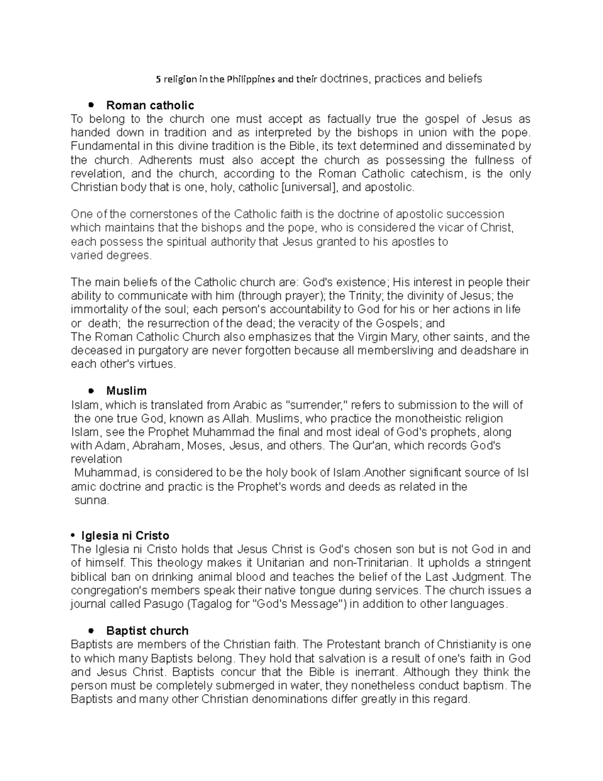 Elective ass. 1 - 5 religion in the Philippines and their doctrines ...
