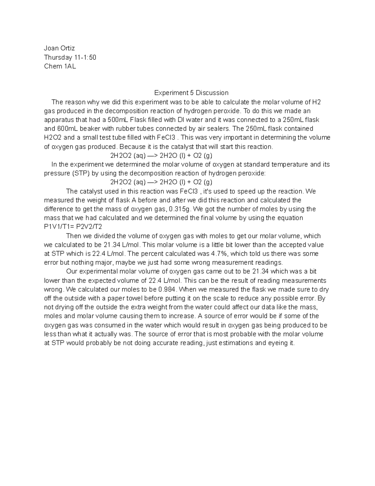 7084924 EXP 5 - Lab Discussion - Joan Ortiz Thursday 11-1: Chem 1AL ...