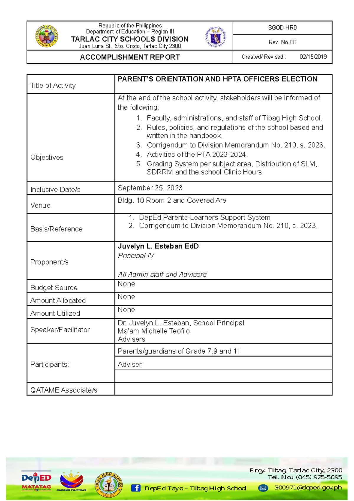 ACR-HPTA Election AND Parents Orientation 23-24ent Reports - DepEd Tayo ...