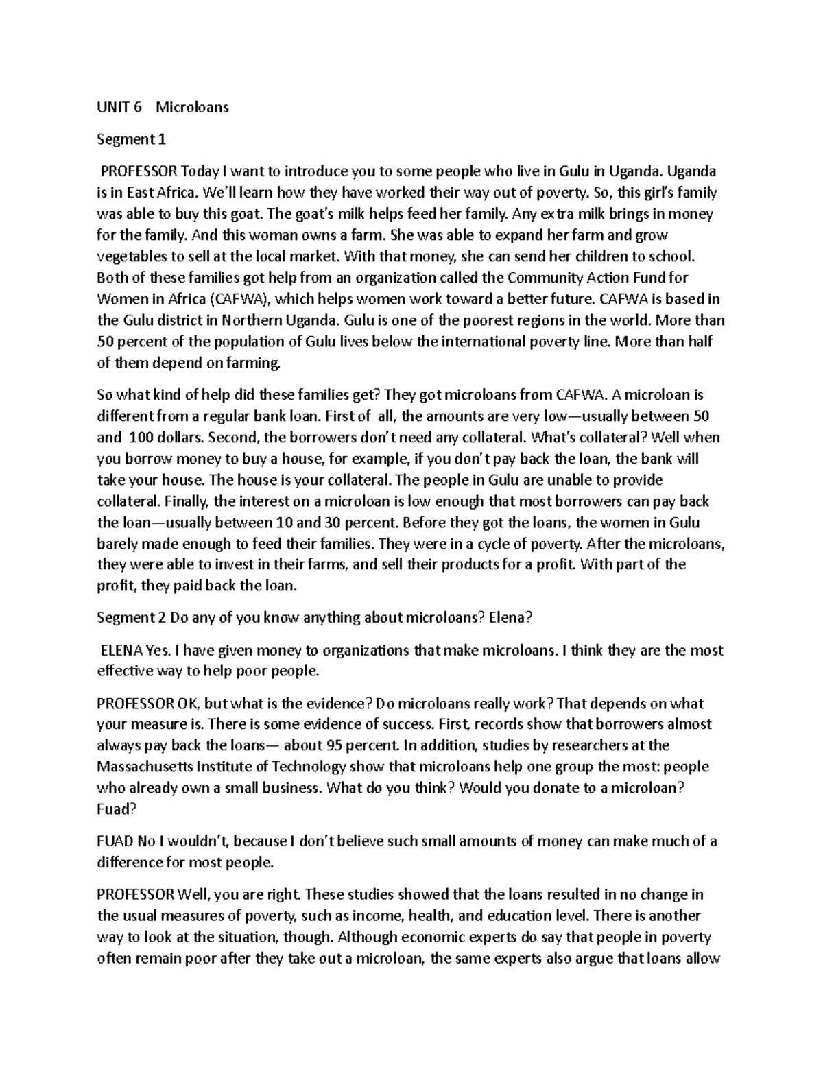 Unit 6 TED TALK Microloans - UNIT 6 Microloans Segment 1 PROFESSOR ...